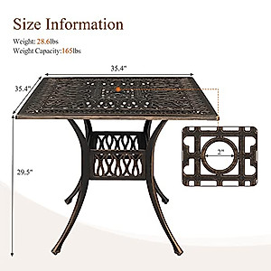 VINGLI Patio Dining Table, Patio Table with Umbrella Hole Outdoor Dining Table, Cast Aluminum Outdoor Bistro Table Outdoor Furniture Garden Table (35.4”Lx35.4”Wx29.5”H)