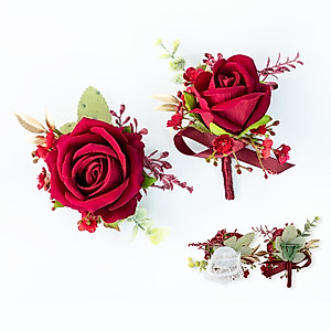 YSOJMAN Corsage and Boutonniere Set for Groom Bride Groomsmen Bridesmaids Wedding Party Prom, Artificial Roses Flower Boutonniere for Men Wedding Mother Grandmother for Bridal Shower Prom (Burgundy)