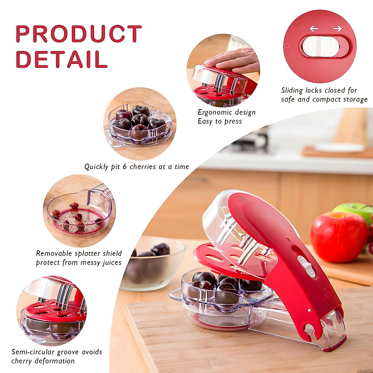 FONNYXK Cherry Pitter Tool - Push-Pull Cherry Seed Remover 6 at a Time - Portable Cherry Pitter Tool Pit Remover with Lock Design - Great Tool for Kitchen, Cake Shop, Fruit Salad (Red)