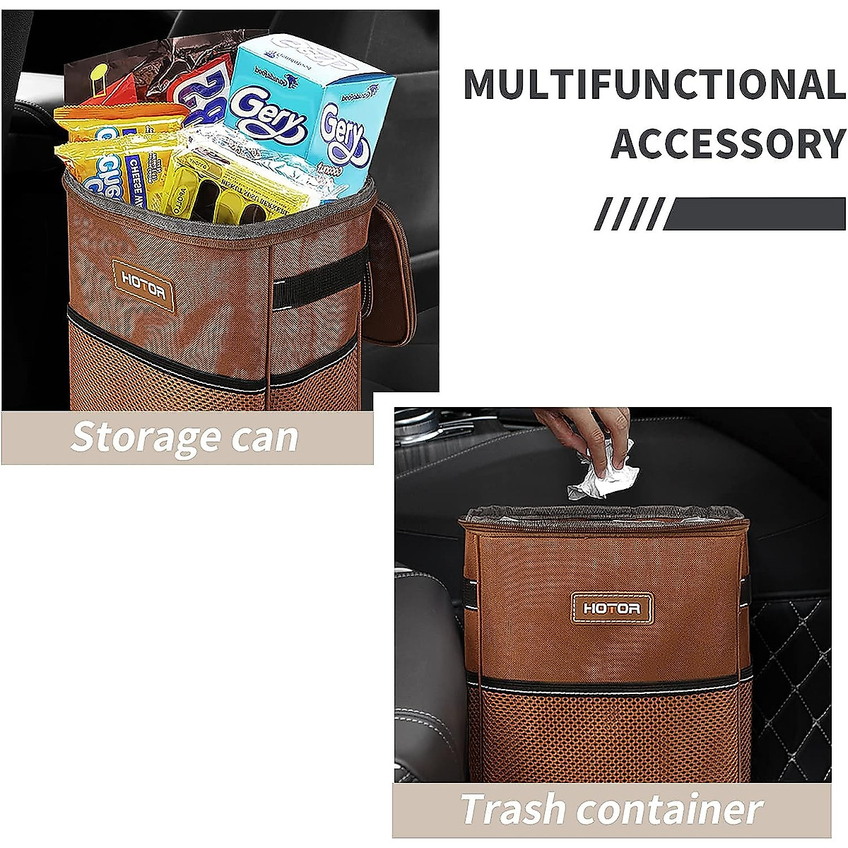 HOTOR Brown Car Trash Can with Adjustable Strap, Magnetic Snaps, Waterproof Lining, and Storage Pocket