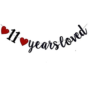 11 Year Loved Banner,Celebrating 11 Wedding Anniversary Black Party Decoration.11th Birthday Party Black Glitter Decorations Anniversary Decor Pre-Assembled Bunting Photo Booth Props