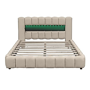 GLORHOME Queen Size Upholstered Platform Bed with LED Headboard and USB Charging Ports, Wooden Bed Frame，Beige