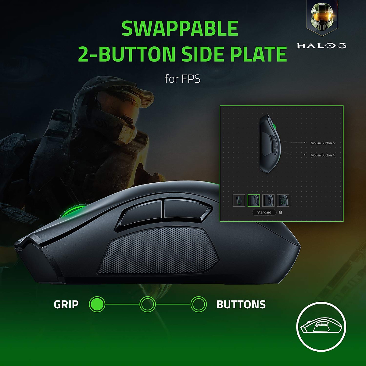 Razer Naga Pro Wireless Gaming Mouse: Interchangeable Side Plate w/ 2, 6, 12 Button Configurations - Focus+ 20K DPI Optical Sensor - Fastest Gaming Mouse Switch - Chroma RGB Lighting (Renewed)