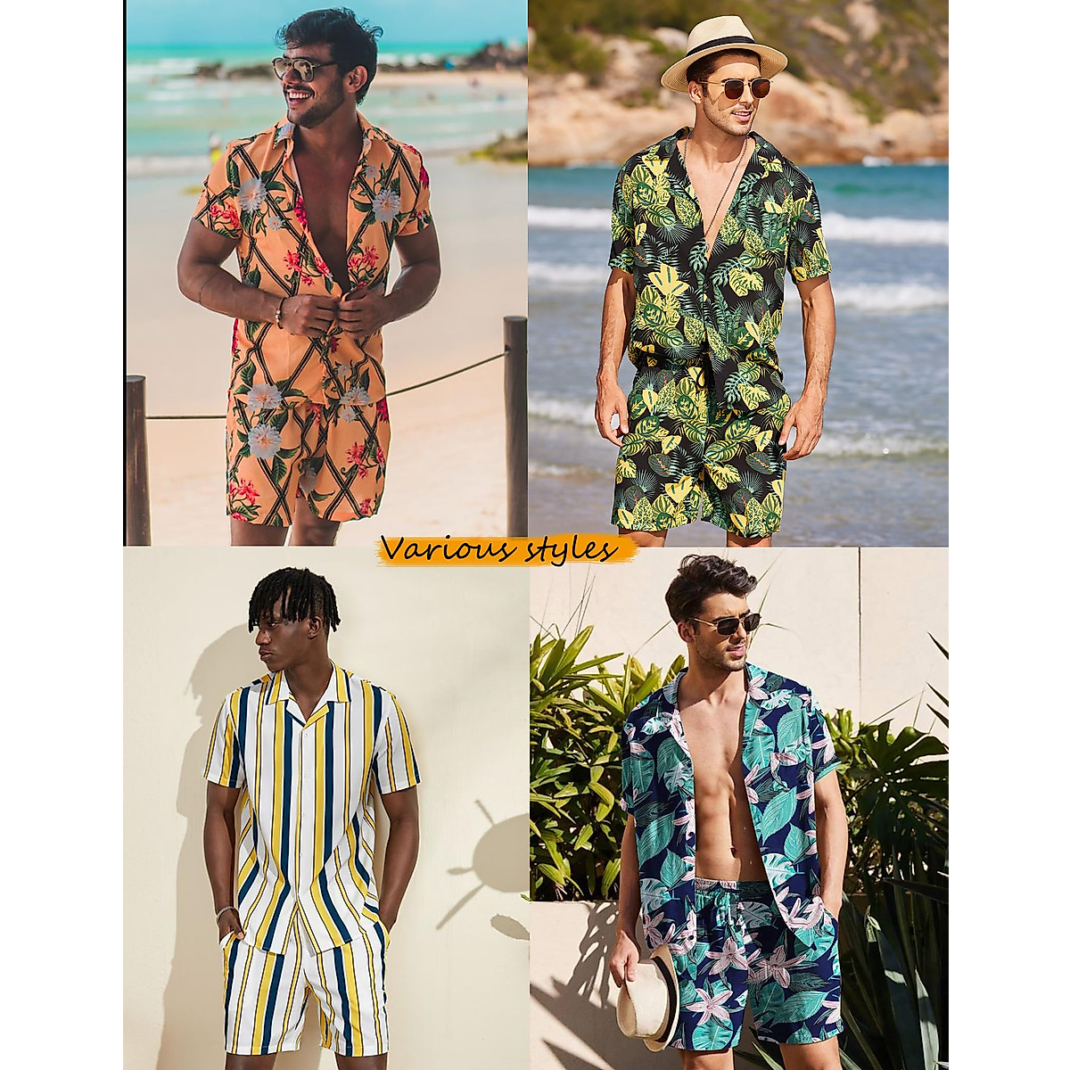 COOFANDY Men's Vertical Striped Shirt Short Sleeve Button Up Hawaiian Shirt Set Summer Beach 2 Piece Short Set