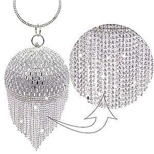 Woman Sliver Glitter Sparkly Tassel Bling Crossbody Chian Luxury Round Ball Bags Crystal Ladies Evening Bag Clutch Purse Diamond Wedding Party Purses Handbags for Women