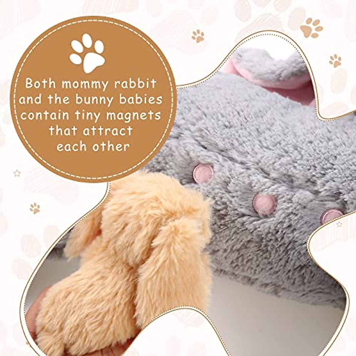 HyDren Nursing Bunnies Stuffed Animal Set: Soft, Cuddly Plush Mommy & 4 Baby Rabbits Toy for Kids (Gray)