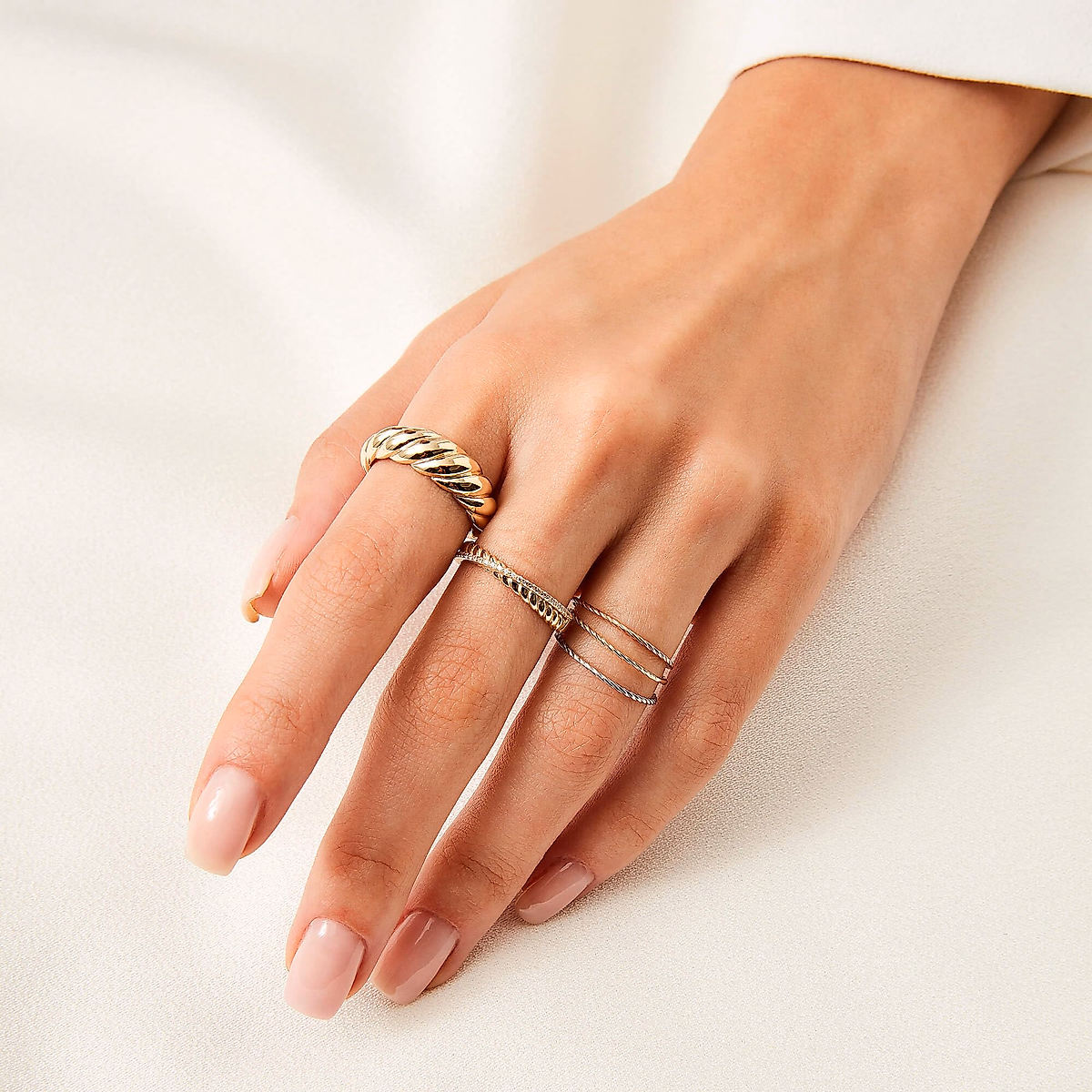 JINEAR 18k Gold Plated Croissant Braided Twisted Signet Chunky Dome Ring Stacking Star Band for Women and Men Statement Wedding Ring Minimalist Jewelry