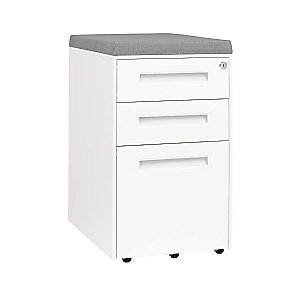 Laura Davidson Furniture STOCKPILE Seated 3 Drawer Mobile File Cabinet with Removable Magnetic Cushion Seat - Metal Filing Cabinet, Pre-Assembled, White with Grey Cushion