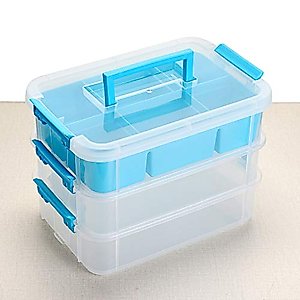 JUXYES 3-Tiers Stack Carry Storage Box With Divided Tray, Transparent Stackable Storage Bin With Handle Lid Latching Storage Container for School & Office Supplies (Blue)