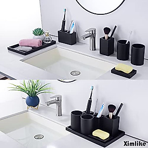 Ximlike Matte Black Bathroom Accessories Set 6 Pieces, Bathroom Accessory Set Bathroom Decor with 1 Vanity Tray, 2 Tumbler Cups, 1 Makeup Brushes Holder, 1 Toothbrush Holder, 1 Soap Dish