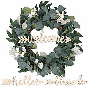 CEWOR 20in Eucalyptus Wreath with Welcome Sign Front Door Wreaths for Wedding Spring Summer Green Leaves Wreath for Door Window Farmhouse Indoor and Outdoor Decoration