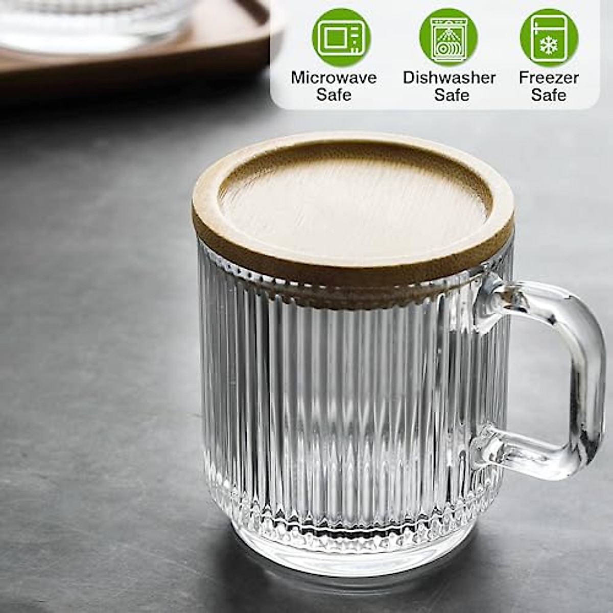 Mfacoy 2 PACK Glass Coffee Mugs with Handle & Spoon, 12 OZ Glass Coffee Cups with Bamboo Lid, Ribbed Glass Cups, Clear Tea Cup for Hot/Cold Beverages, Glassware Set for Americano, Latte, Cappuccino