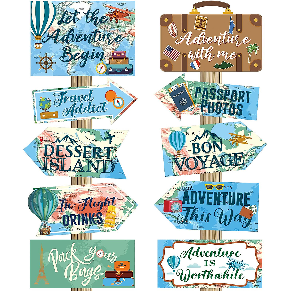 20 Pcs Travel Themed Party Decorations Set Let The Adventure Begin Sign Signs Bon Voyage for Birthday Baby Shower Decorations, 11 x 8 Inch, 5 Inch