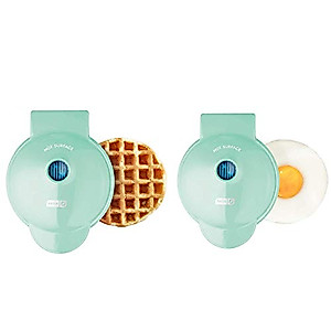 Dash DMSW002AQ Mini Maker, 2-Pack Griddle + Waffle Iron, 2 pack, Aqua & Mini Donut Maker Machine for Kid-Friendly Breakfast, Snacks, Desserts & More with Non-stick Surface, Makes 7 Doughnuts - Aqua