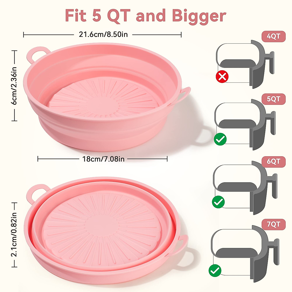 Homotte 2 Pack Air Fryer Silicone Liners Pot for 5 to 8 QT, Reusable AirFryer Silicone Basket Bowl, Replacement of Flammable Parchment Paper, Food Grade Baking Tray Oven Accessories, Pink+Grey (8.5in)