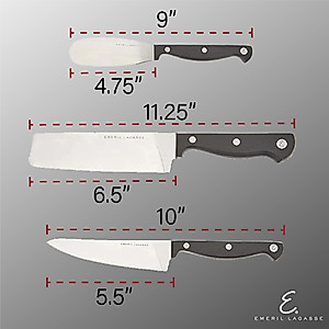 Emeril 3-Piece Specialty Cutlery Kitchen Knife Set (6.5" Nakiri, 5.5" Prep, & 4.75" Spreader Knives) (Black)
