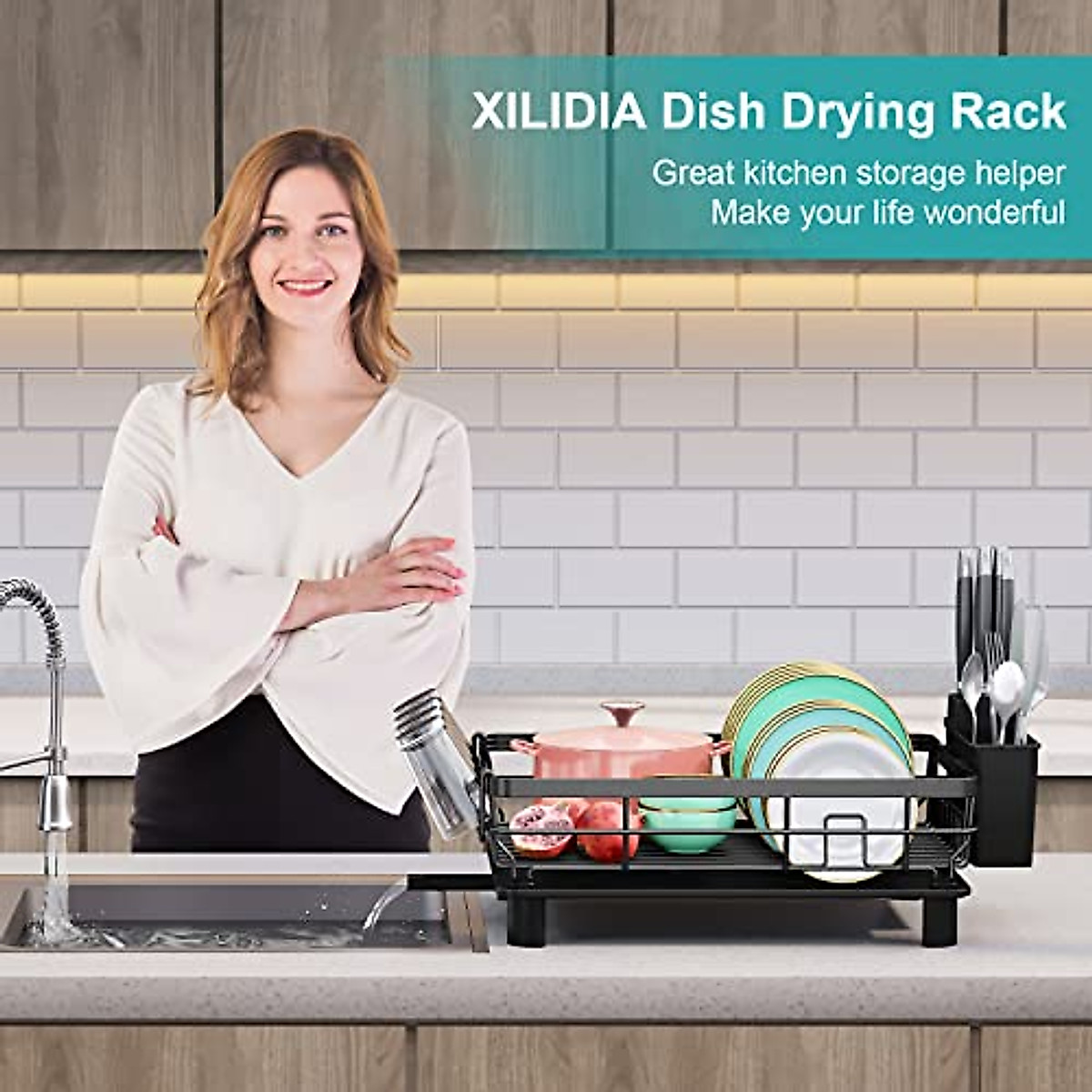 XILIDIA Dish Drying Rack with Drainboard, Grey Dish Racks for Kitchen Counter, Dish Dryer Rack with Drainage, Large Capacity Dish Drainer with Utensil Holder and Extra Dish Drying Mat