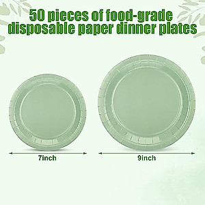 Wesiti 50 Pcs Paper Plates Bulk 7 Inch 9 Inch Disposable Round Dessert Plates Sage Green Dinner Cake Paper Dish for Wedding Bridal Shower Birthday Party Supplies