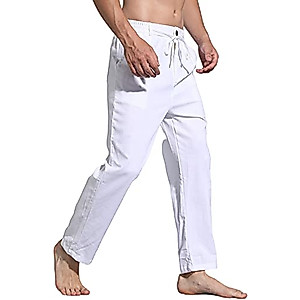 AITFINEISM Men's Casual Linen Pants Elastic Waist Summer Beach Loose Fit Trousers (32-34, A-White)