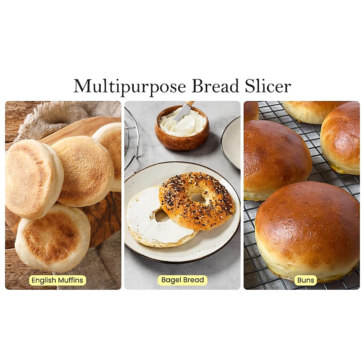 Bagel Slicer for Small and Large Bagels - Bamboo Bread Slicer w/Two Plastic Inserts & Non-Slip Silicone Pad - Adjustable Bagel Cutter Slicer - Moisture Resistant & Thick Base Bagel Holder for Slicing