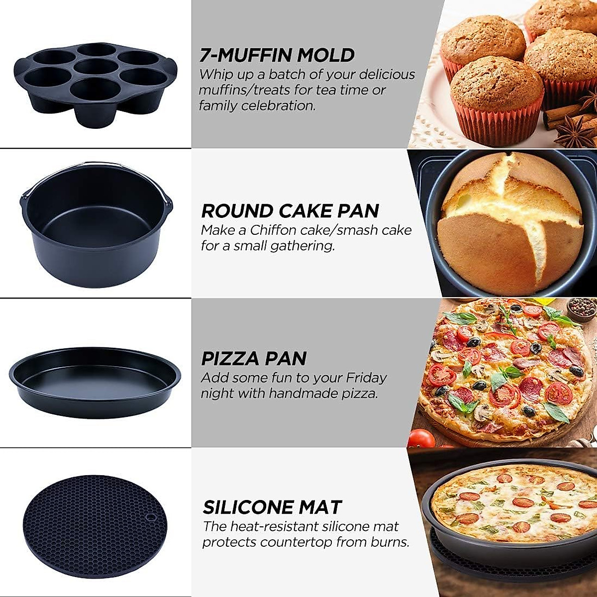 7 Inch 10pcs Air Fryer Accessories Set Fit for Gowise Gourmia Cozyna Ninja,Fit All 3.2qt-6.8qt Air Fryer,Kits with Skewers Silicone Mat,Pizza Pan,Cake Barrel,Non-Stick,Dishwasher Safe,Universal,Black
