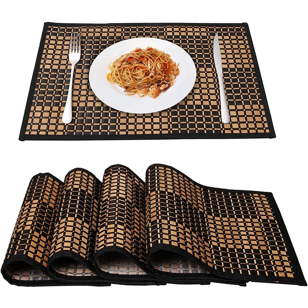 Bamboo Placemats for Dining Table, Placemats Set of 4,Stain-Resistant,Heat-Resistant Place Mats,Durable and Sturdy Dining Place Mats for Kitchen Table (Black)