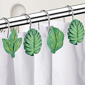 EVOOKA 12PCS Leaves Shower Curtain Hooks, Green Plant Leaf Metal rustproof Cute Shower Curtain Rings Bathroom Decoration for Home Bathroom Bedroom Living Room