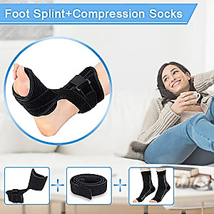 Plantar Fasciitis Support Brace, Night Splint and Compression Socks Kit Orthotics Drop Foot Brace Day and Night with Stretching Straps for Pain Relief