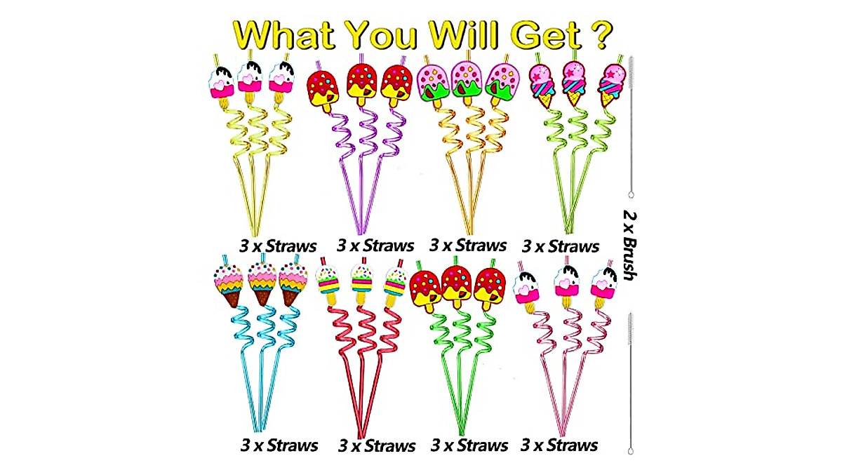 24 Reusable Crazy Shapes Ice Cream Straws for Parties | GREAWOD