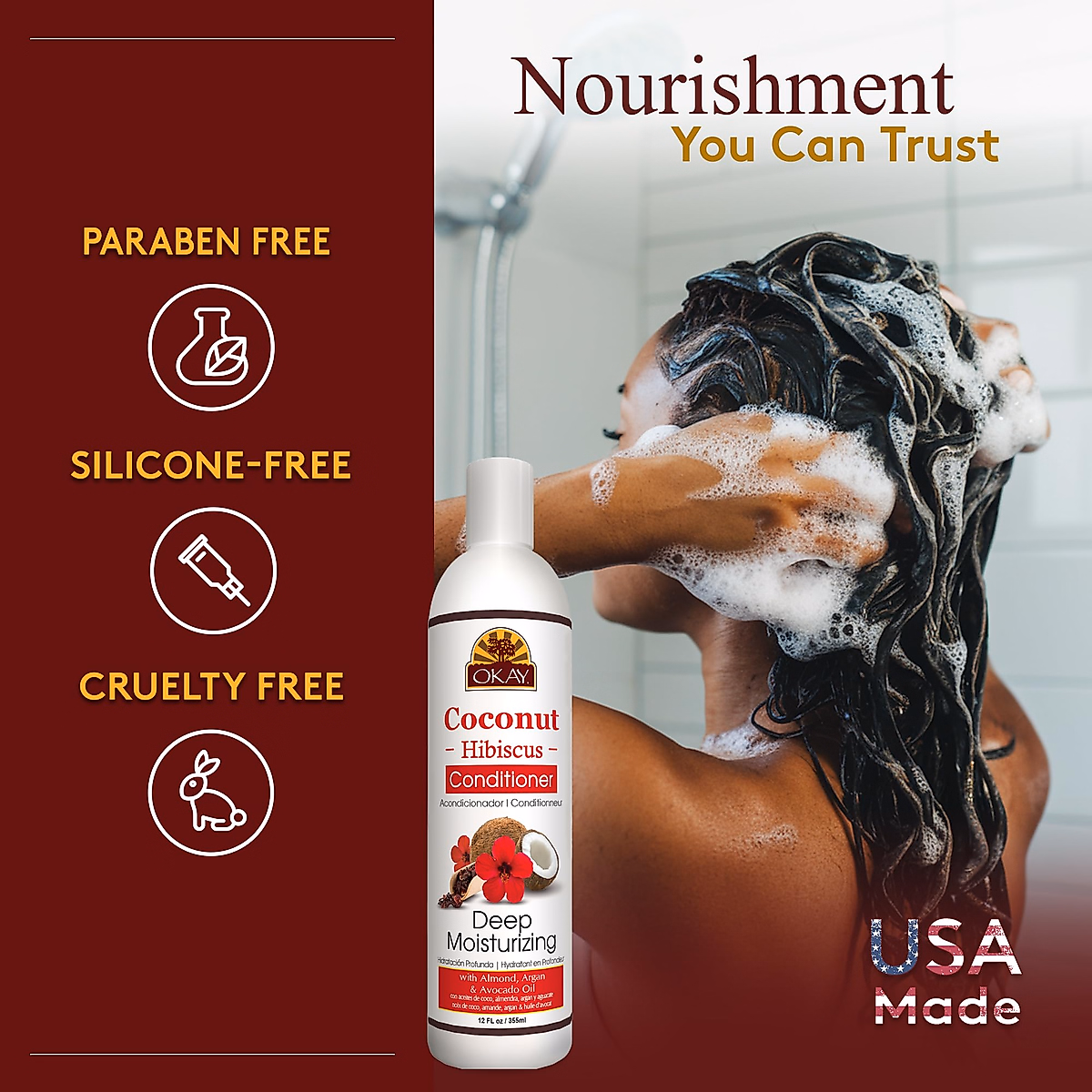 OKAY | Coconut Hibiscus Conditioner | For All Hair Types & Textures | Restore - Hydrate - Strengthen | With Almond, Argan & Avocado Oil | Free of Paraben, Silicone, Sulfate | 12. oz