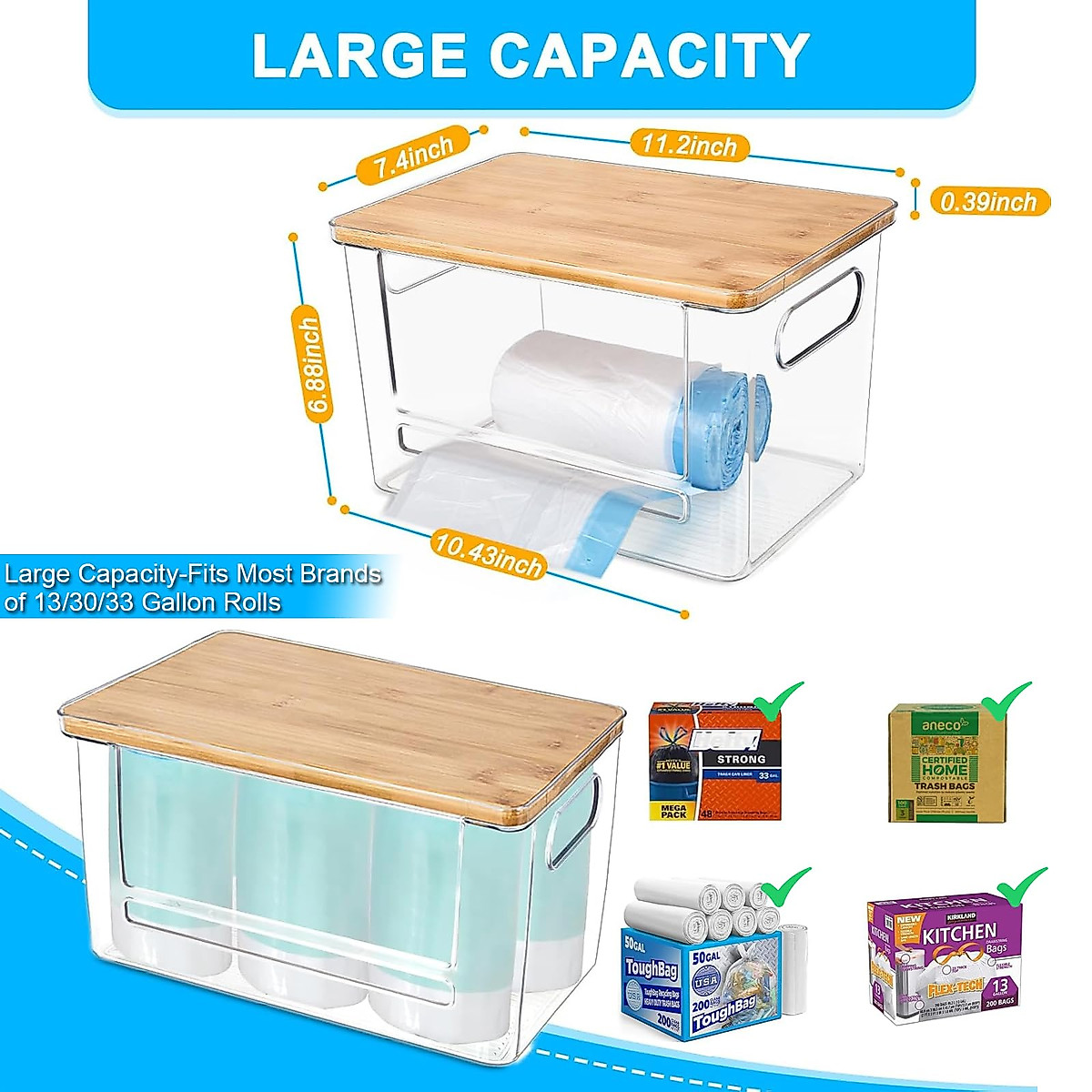 Riian Trash Bag Dispenser, Holder & Organizer with Bamboo Top, Acrylic Storage Container for Under Sink Bag Storage (1pc, Holds 100 Bags, 1300 Gallons)