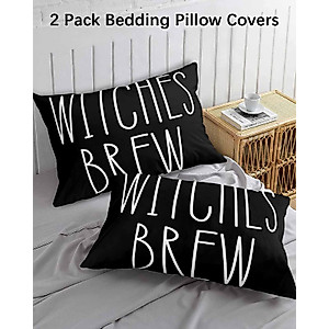 Edwiinsa Halloween Pillow Covers King Standard Set of 2 Bed Pillow, White Words Witches Brew Horror Black Plush Soft Comfort for Hair/Skin Cooling Pillowcases with Envelop Closure 20''x36''