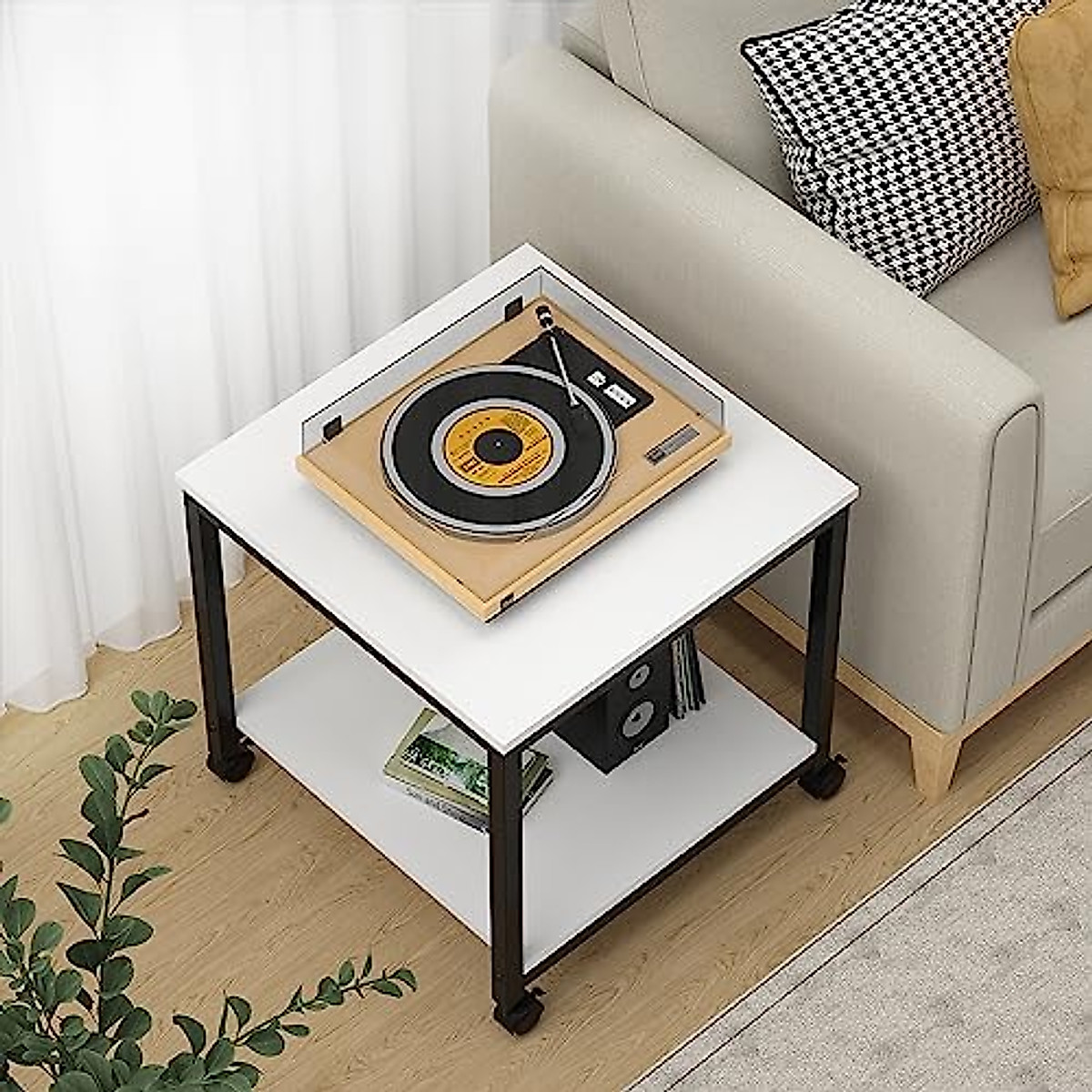 Homieasy Mobile 20 Inch Square End Table, 2-Tier Mini Fridge Printer Stand with Lockable Wheels, Metal Wood Accent Modern Simple Industrial Style Side Table for Living Room Bedroom, White