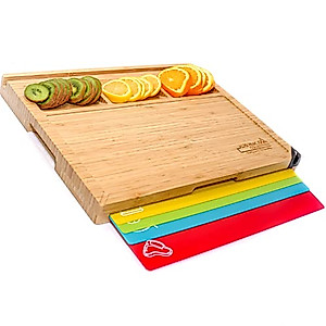 ALTO-PEAK COLLECTIVES–100%Extra-Large Bamboo Wood Prep Cutting Board for Kitchen-4 Plastic Flexi Mats–Beautiful Wooden Charcuterie boards w/handles & 3 deep-compartments-Chopping Board-cell/iPad stand