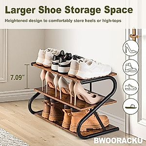 BWOORACKU Shoe Rack - Multi-Functional 3-Tier Z-Shaped Wooden Storage Organizer for Shoes, Entryway to Garage & More(Rustic)