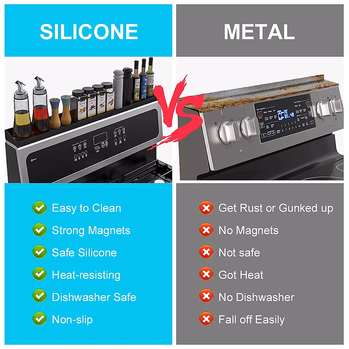 AUAUY Stove Top Shelf Magnetic, 30 inch Silicone Shelf for the Stove, Kitchen Organizer Oven Shelf Spice Rack, Stove Top Shelf With 3 Function Partitions, Stove Shelf Magnetic Shelf Of 6 Magnets-Black