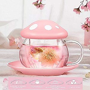 Rain House Cute Cups Mushroom Tea Cup with Tea Infuser and Spoon, Kawaii Mushroom Mugs, Glass Teacups with Ceramic Lid and Coaster, Mother's Day Gift Perfect for Girls Women for Home Office Use (Pink)