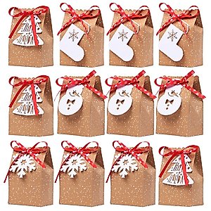 AerWo 12pcs Christmas Kraft Gift Bags, Holiday Paper Gift Bags Kraft Paper Treat Bags with Tags for Christmas Party Supplies, 5 x 3 x 7 Inch Mini Xmas Goodies Bags