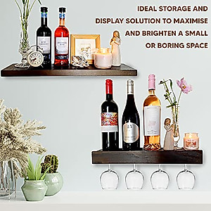 Wine Glass Holder Wall Mounted- Rustic and Compact 17 inch Floating Wine Glass Shelf and Wine Rack Comes with Sturdy hardwares. Made of Real Wood in a Brown Walnut Finish, 2 Tiers.