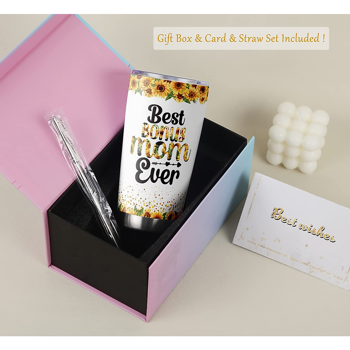 Cosictic Mother's Day Gift for Bonus Mom, Sunflower Best Bonus Mom Travel Tumbler, Birthday Christmas Gift For Bonus Mom Stepmom Mother In Law