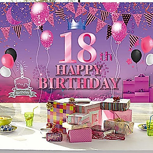 Happy 18th Birthday Backdrop Banner Pink Purple 18th Sign Poster 18 Birthday Party Supplies for Anniversary Photo Booth Photography Background Birthday Party Decorations, 72.8 x 43.3 Inch