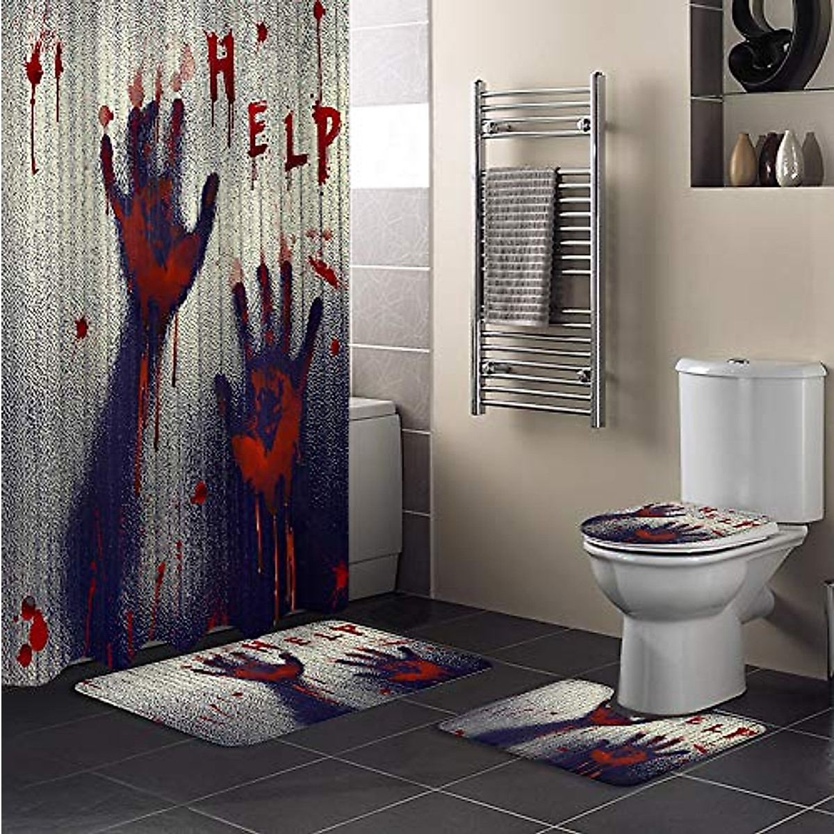 BestLives Halloween Shower Curtain Sets with Rugs Help with Bloody Hands Non-Slip Soft Toilet Lid Cover for Bathroom Zombie Themed Scary 4 Pcs Bathroom Sets with Bath Mat and 12 Hooks