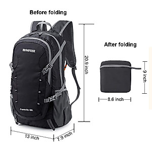 HOOYEE 40L Lightweight Foldable Water-Resistant Ripstop Nylon Hiking Backpack Daypack (Black)