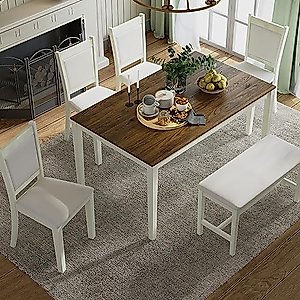 LUMISOL Rustic Solid Wood Dining Room Table Set for 6 Persons Farmhouse 6 Piece Kitchen Dining Table Set with 4 Chairs and 1 Bench Rectangular Dining Set for Living Room