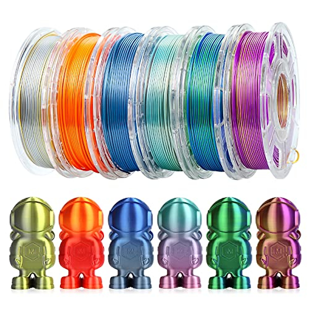 FTUREERA PLA Filament, Silk 3D Printer Filament 1.75mm, Dual Color Co Extrusion and Rainbow PLA Filament Bundle Multicolor, Dimensional Accuracy +/- 0.02 mm, 250g x 6 Spool/3.3lb