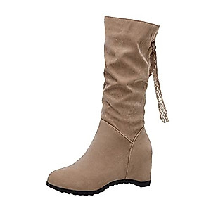Apostrophe Boots Ladies Solid Color Lace Ribbon Inner Heightening Fashion Medium Boots Tan Knee High Boots for Women Heel (b-Beige, 9)