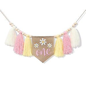 HGFC Daisy Tassel High Chair Banner - Wood Bead Tassel 1st Birthday Banner - Daisy Theme First Birthday Party Decoration - 1st Birthday Baby Girls Tassel Garland