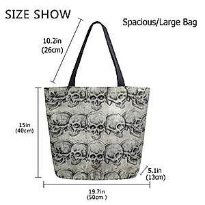 ZzWwR Vintage Skull Tattoo Pattern Large Canvas Gym Beach Travel Reusable Grocery Shopping Tote Bag