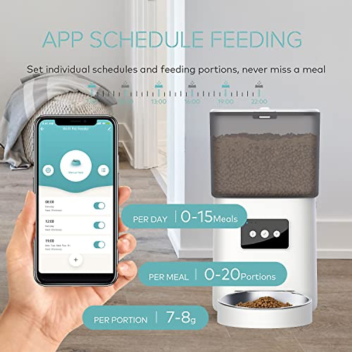 Automatic Dog and cat Feeder, WELLPET WiFi-Enabled Smart cat Food Dispenser, Automatic Dog Food Dispenser with APP Remote Control Part, cat Feeder with Low Food Alarm, Dual Power Supply