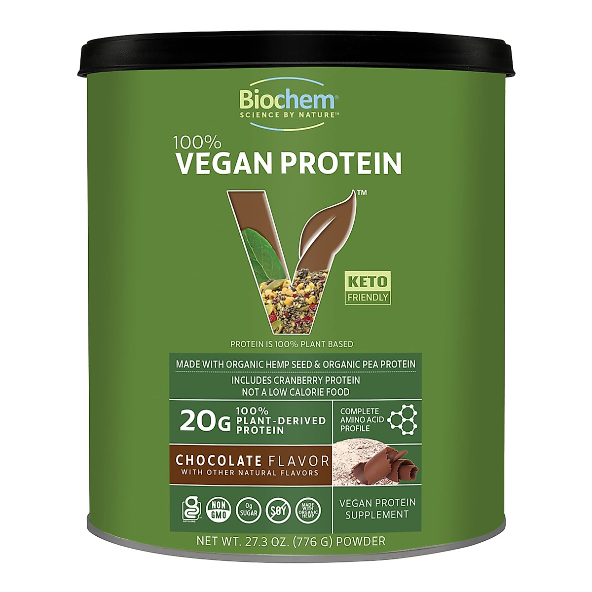 Biochem 100% Vegan Protein, Natural Amino Acids, Gluten Free, Keto, Non Whey, Pea & Hemp Protein Powder for Women and Men, 24 Servings 2 LB (Chocolate)